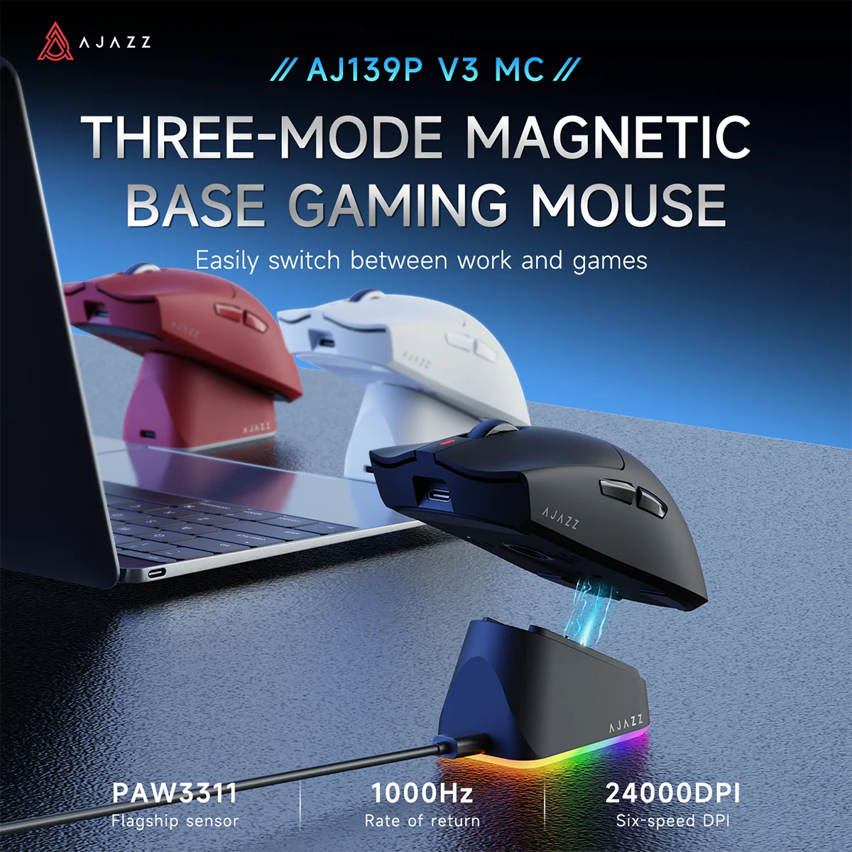 AJAZZ AJ139 V3 MC Wireless Gaming Mouse with RGB Magnetic Charging Dock ...